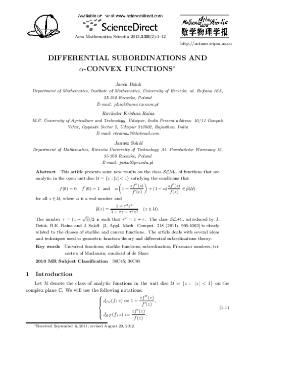 (PDF) Differential Subordinations in α-Convex Functions