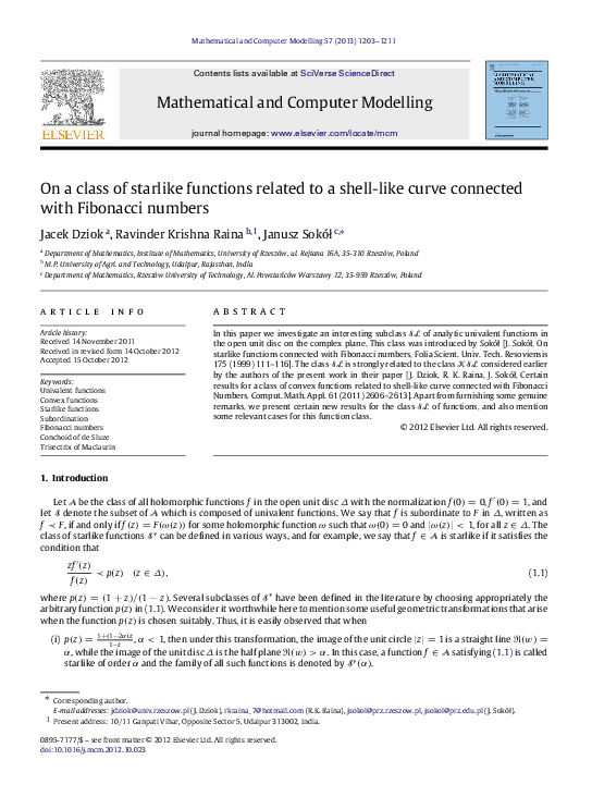 (PDF) On a class of starlike functions related to a shell-like curve connected with Fibonacci ...