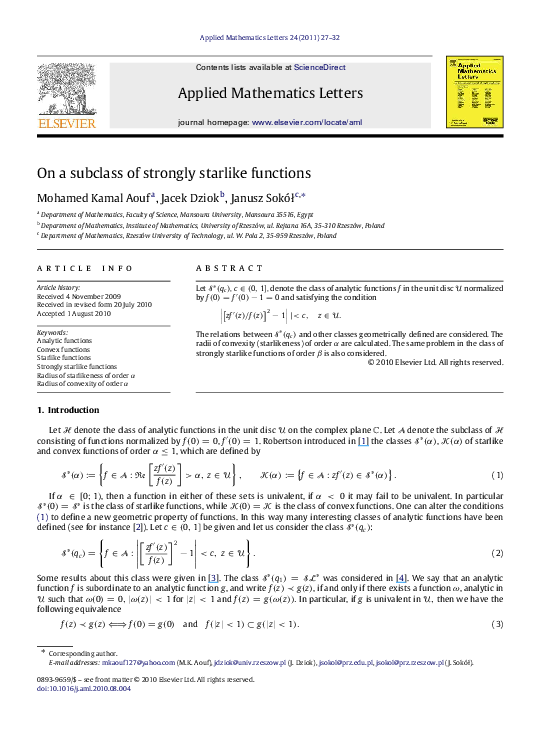 Pdf On A Subclass Of Strongly Starlike Functions