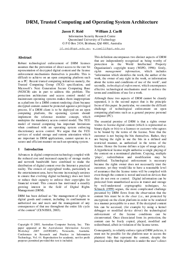 (PDF) DRM, trusted computing and operating system architecture