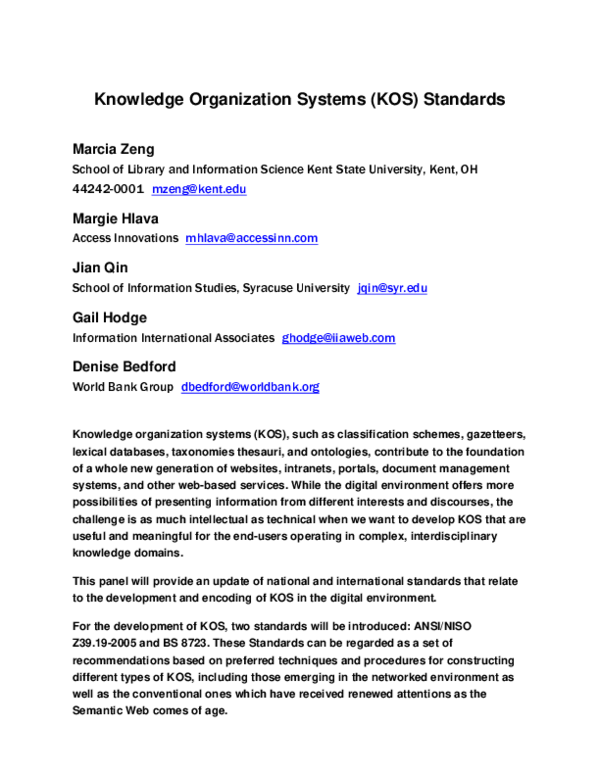 Pdf Knowledge Organization Systems Kos Standards
