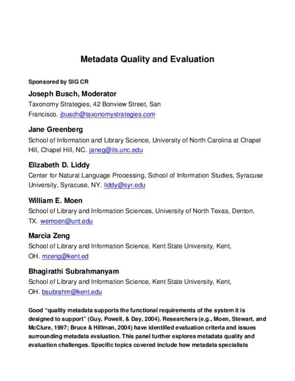 (PDF) Metadata quality and evaluation