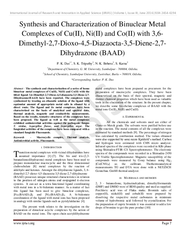 (PDF) Synthesis and Characterization of Binuclear Metal Complexes of Cu(II), Ni(II) and Co(II ...