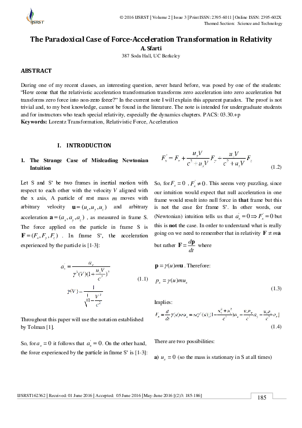 (PDF) The Paradoxical Case of Force-Acceleration Transformation in ...