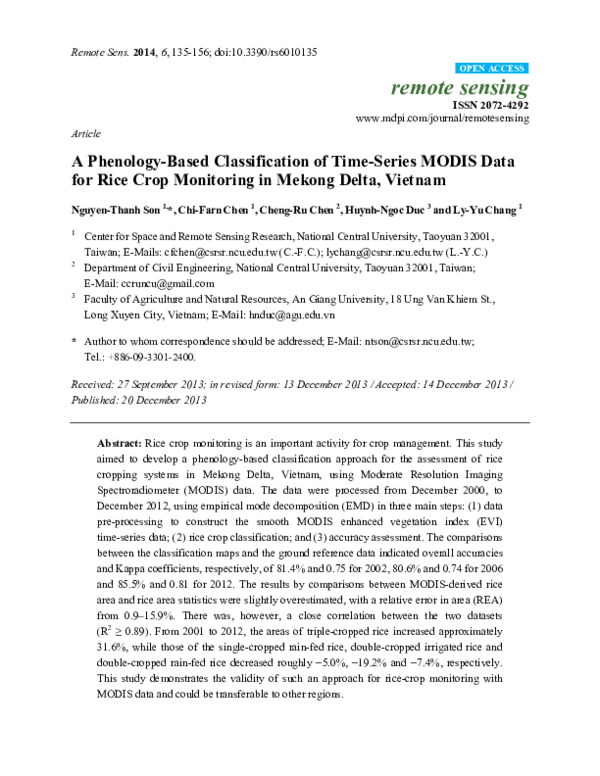 (PDF) A Phenology-Based Classification of Time-Series MODIS Data for Rice Crop Monitoring in ...