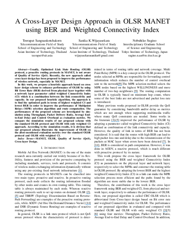 Pdf A Cross Layer Design Approach In Olsr Manet Using Ber And