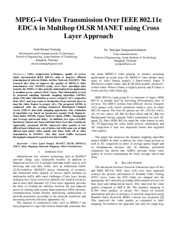 Pdf Mpeg 4 Video Transmission Over Ieee 802 11e Edca In Multihop Olsr