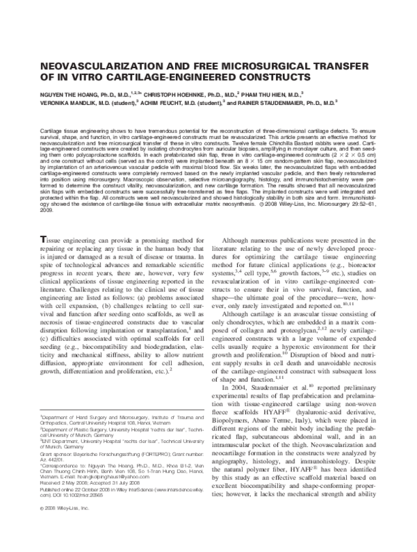 (PDF) Neovascularization and free microsurgical transfer of in vitro ...