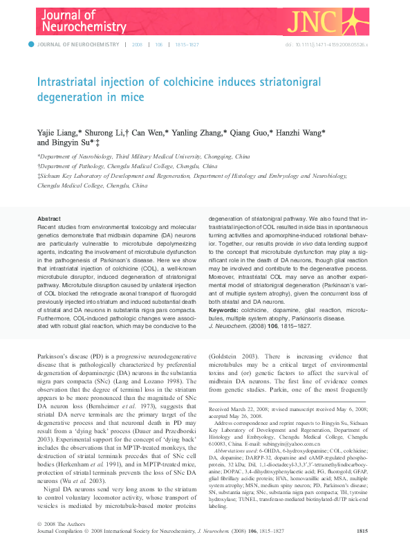 (PDF) Intrastriatal injection of colchicine induces striatonigral ...