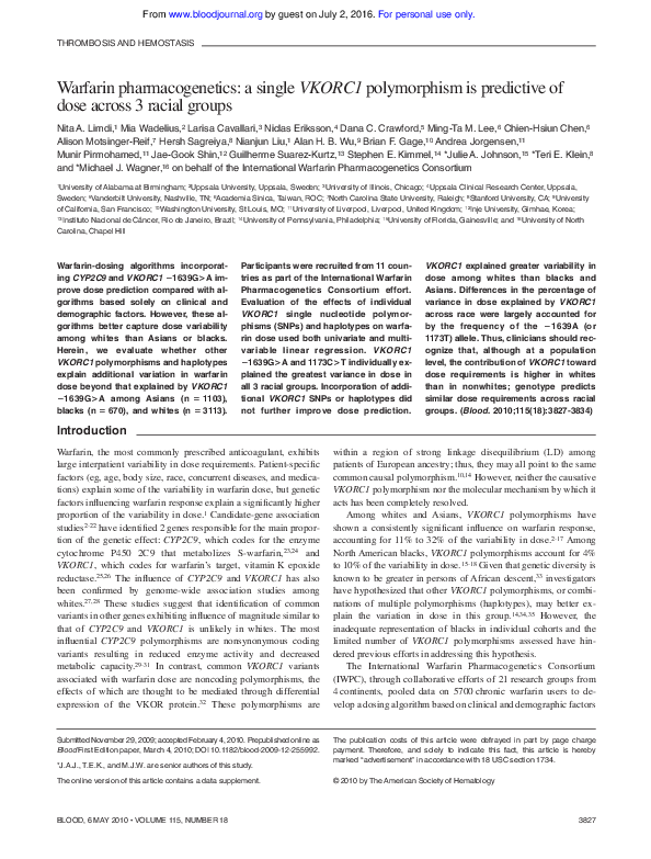 (PDF) Warfarin pharmacogenetics: a single VKORC1 polymorphism is ...