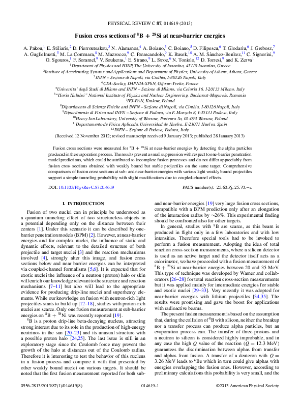 (PDF) Fusion cross sections of 8 B + 28 Si at near-barrier energies