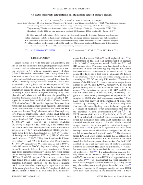 (PDF) Ab initio supercell calculations on aluminum-related defects in SiC