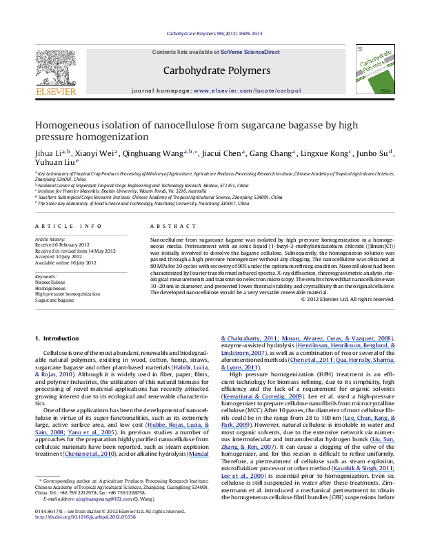 (PDF) Homogeneous isolation of nanocellulose from sugarcane bagasse by ...