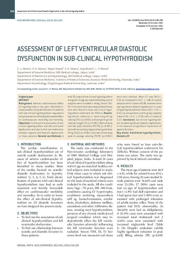 (PDF) Assessment of Left Ventricular Diastolic Dysfunction in Sub-clinical Hypothyroidism