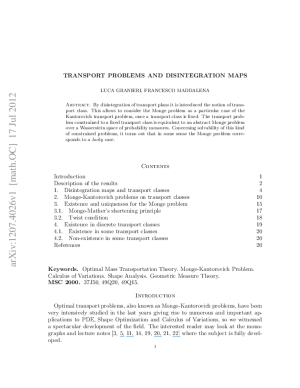 (PDF) Transport problems and disintegration maps