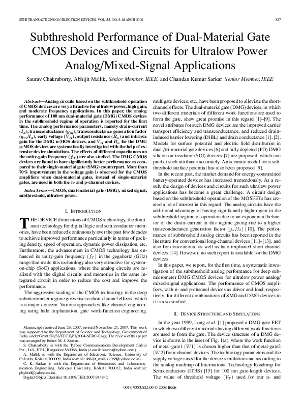 (PDF) Subthreshold Performance of Dual-Material Gate CMOS Devices and Circuits for Ultralow ...