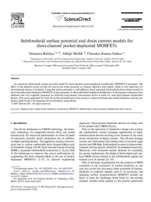 (PDF) Subthreshold surface potential and drain current models for short-channel pocket-implanted ...