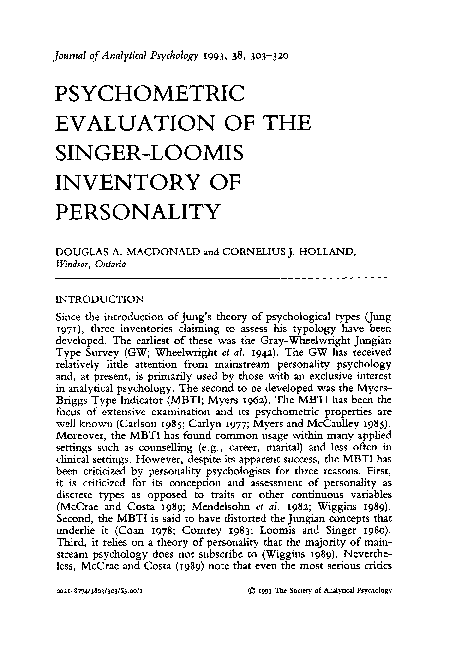 (PDF) Psychometric Evaluation of the Singer-Loomis Inventory of Personality