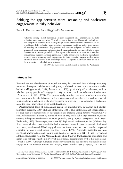 (PDF) Bridging the gap between moral reasoning and adolescent engagement in risky behavior