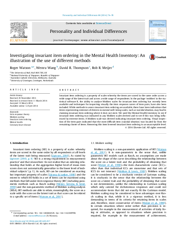 (PDF) Investigating invariant item ordering in the Mental Health ...