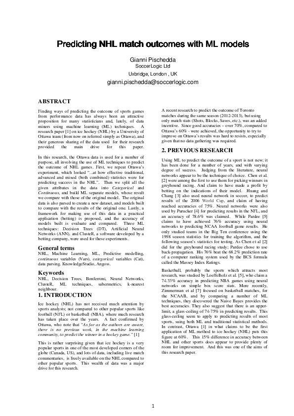 (PDF) Predicting NHL match outcomes with ML models