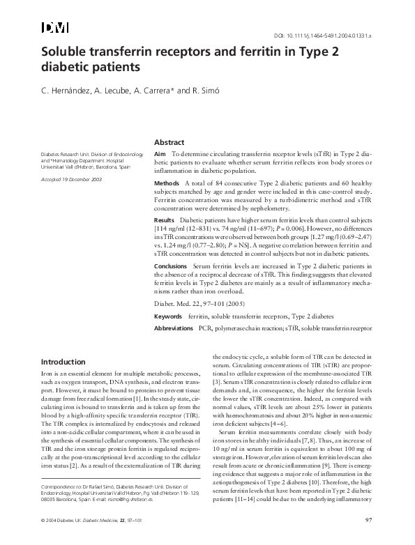 (PDF) Soluble transferrin receptors and ferritin in Type 2 diabetic ...