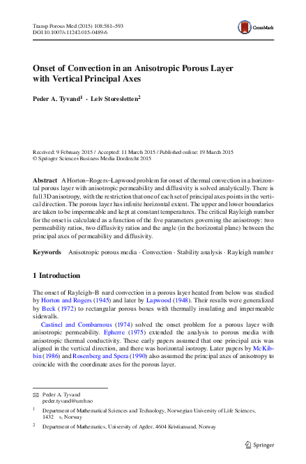 (PDF) Onset of Convection in an Anisotropic Porous Layer with Vertical Principal Axes