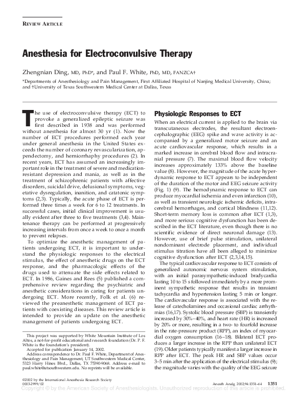 (PDF) ANESTHESIA FOR ELECTROCONVULSIVE THERAPY