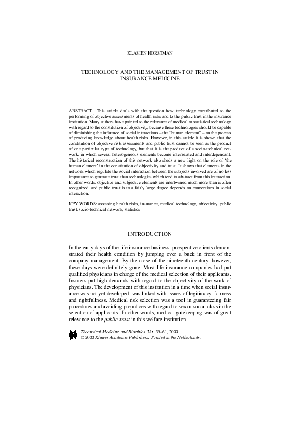 (PDF) Technology and the management of trust in insurance medicine ...