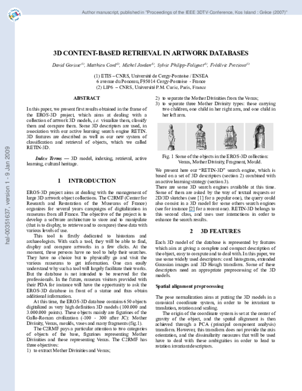 (PDF) 3D Content-Based Retrieval in Artwork Databases