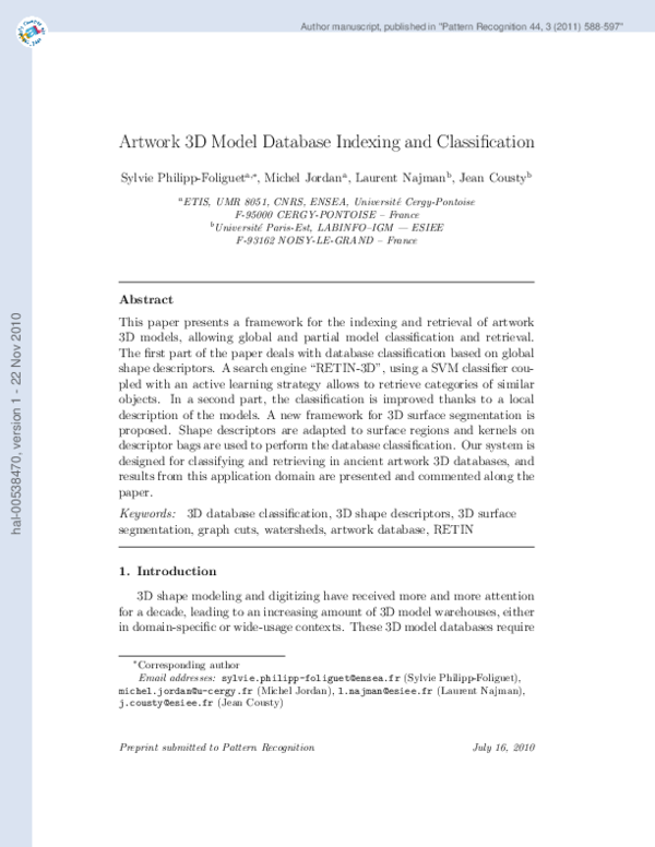 (PDF) Artwork 3D model database indexing and classification