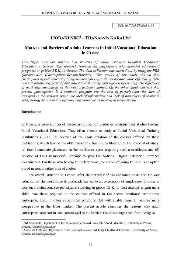 (PDF) Liodaki, N., & Karalis, T. (2016). Motives and Barriers of Adult ...