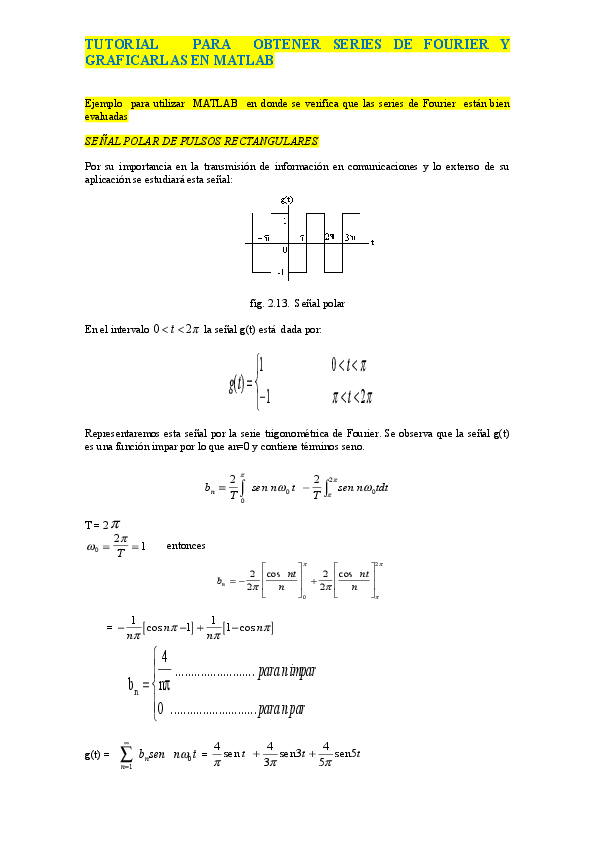 (DOC) TUTORIAL PARA OBTENER SERIES DE FOURIER Y GRAFICARLAS EN MATLAB