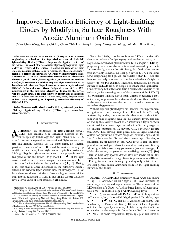 (PDF) Improved Extraction Efficiency of Light-Emitting Diodes by Modifying Surface Roughness ...