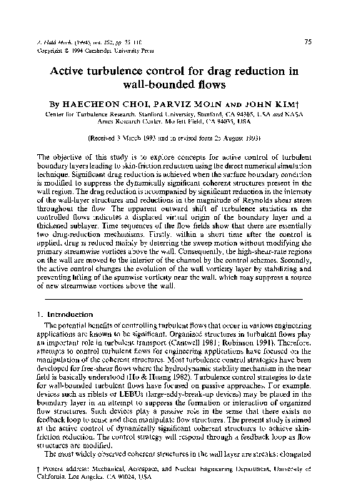 (PDF) Active turbulence control for drag reduction in wall-bounded flows