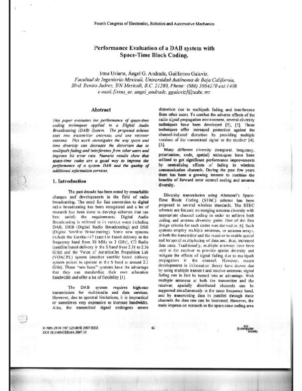 Pdf Performance Evaluation Of A Dab System With Space Time Block Coding