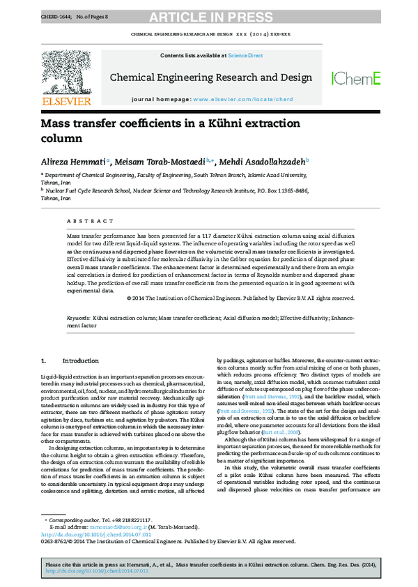 Pdf Mass Transfer Coefficients In A Kühni Extraction Column