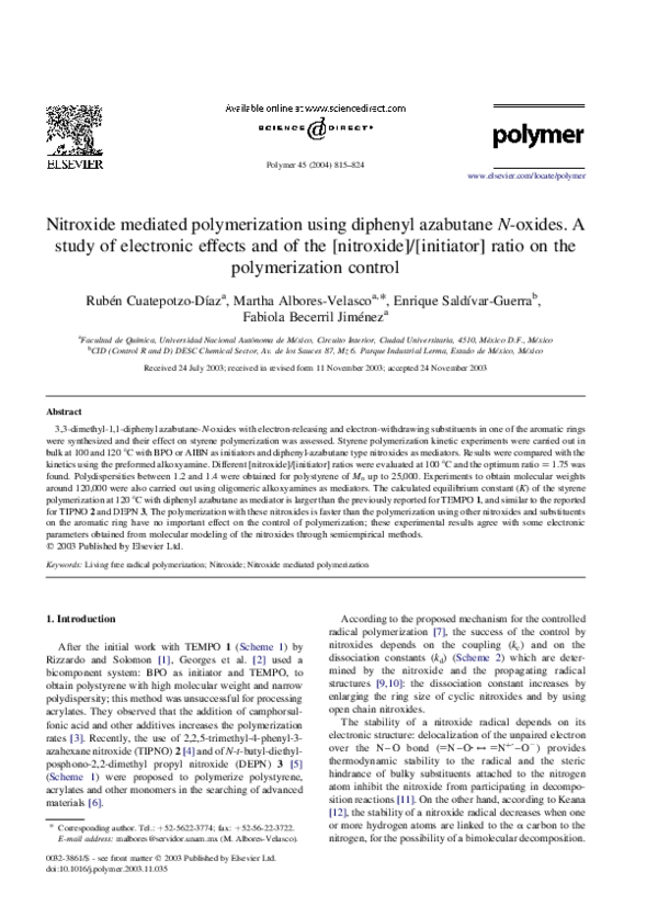 (PDF) Nitroxide mediated polymerization using diphenyl azabutane N-oxides. A study of electronic ...