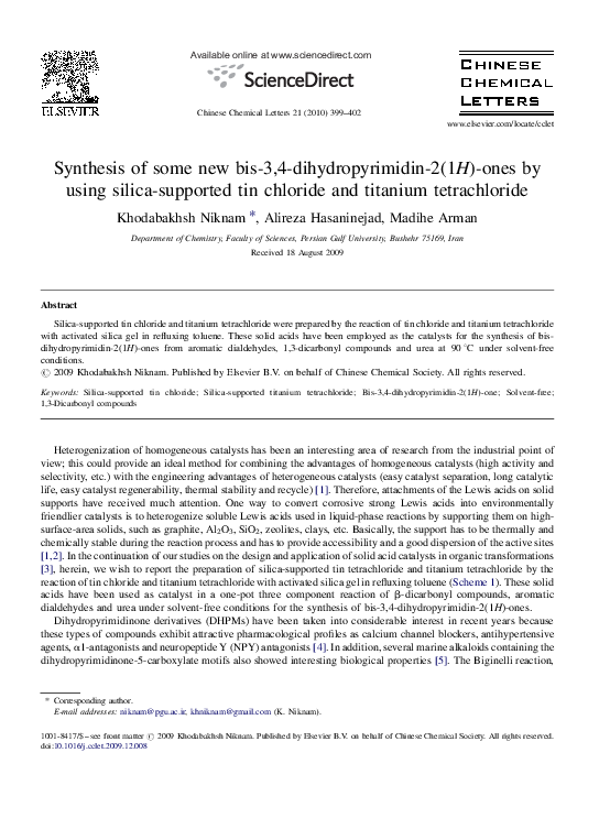 (PDF) Synthesis of some new bis-3,4-dihydropyrimidin-2(1H)-ones by using silica-supported tin ...