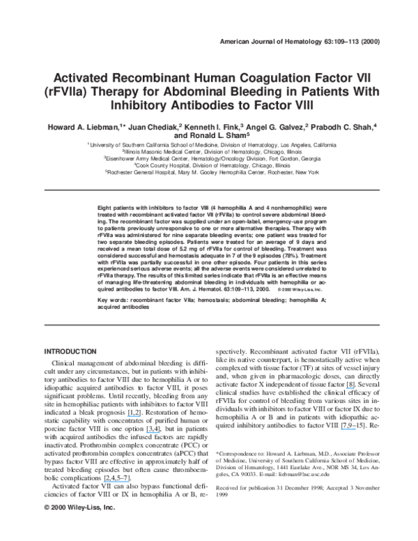 (PDF) Activated recombinant human coagulation factor VII (rFVIIa ...