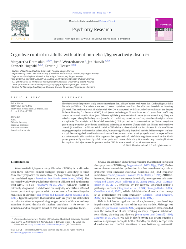 (PDF) Cognitive control in adults with attention-deficit/hyperactivity disorder