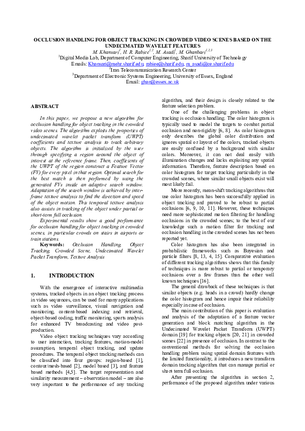 (PDF) Occlusion Handling for Object Tracking in Crowded Video Scenes Based on the Undecimated ...
