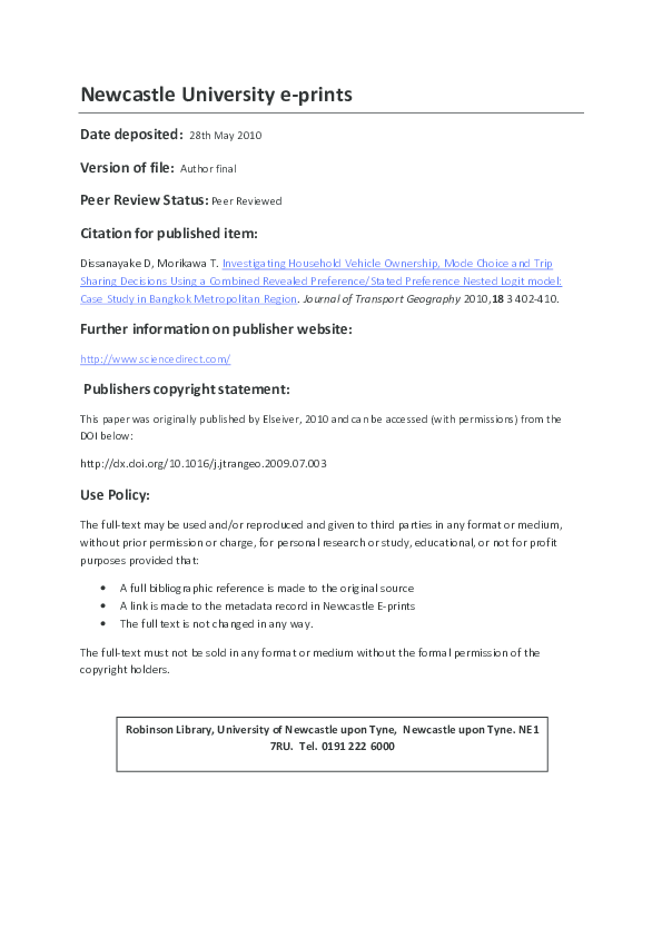 (PDF) Investigating household vehicle ownership, mode choice and trip ...