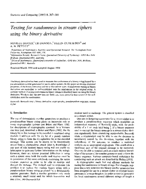 Pdf Testing For Randomness In Stream Ciphers Using The Binary Derivative
