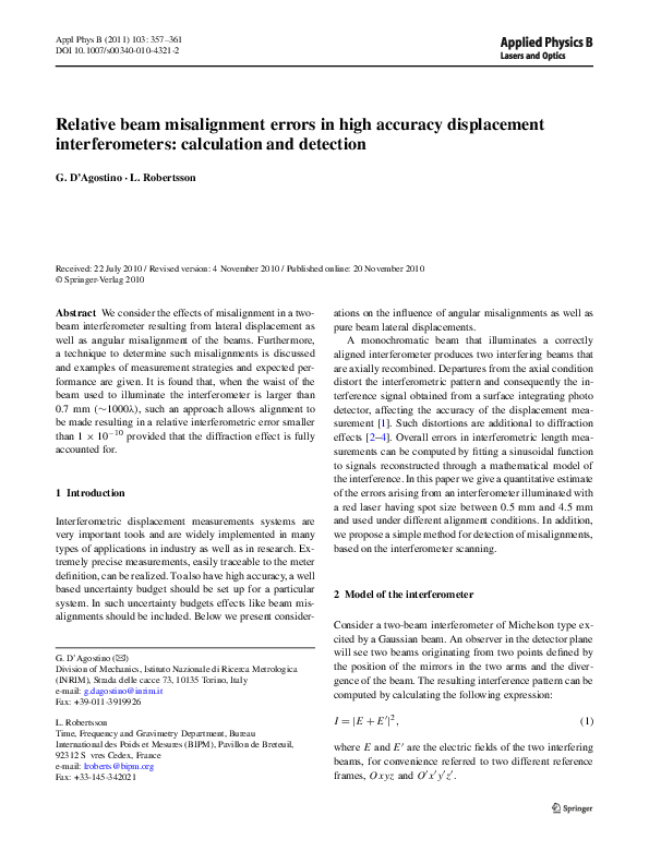 Pdf Relative Beam Misalignment Errors In High Accuracy Displacement Interferometers