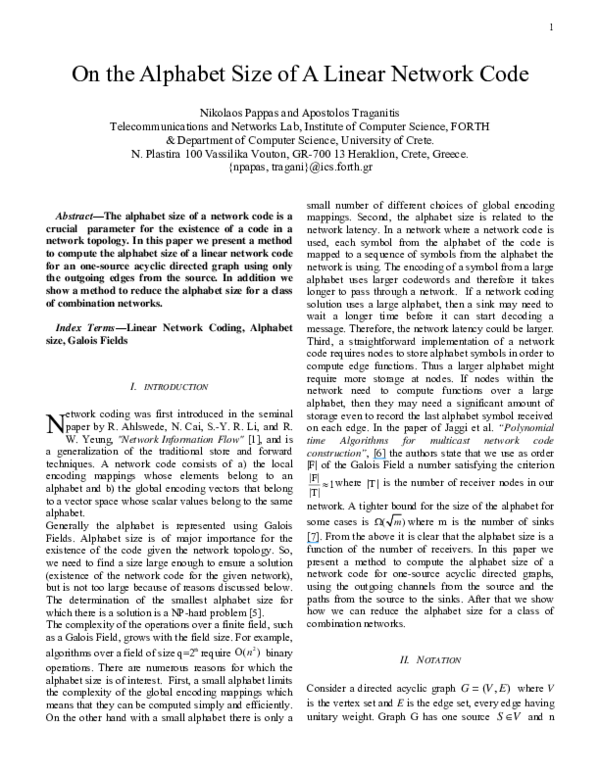 (PDF) On the alphabet size of a linear network code
