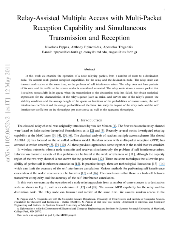 Pdf Relay Assisted Multiple Access With Multi Packet Reception Capability And Simultaneous
