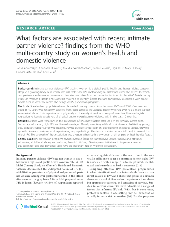 Pdf Intimate Partner Violence Causes And Prevention Innocent