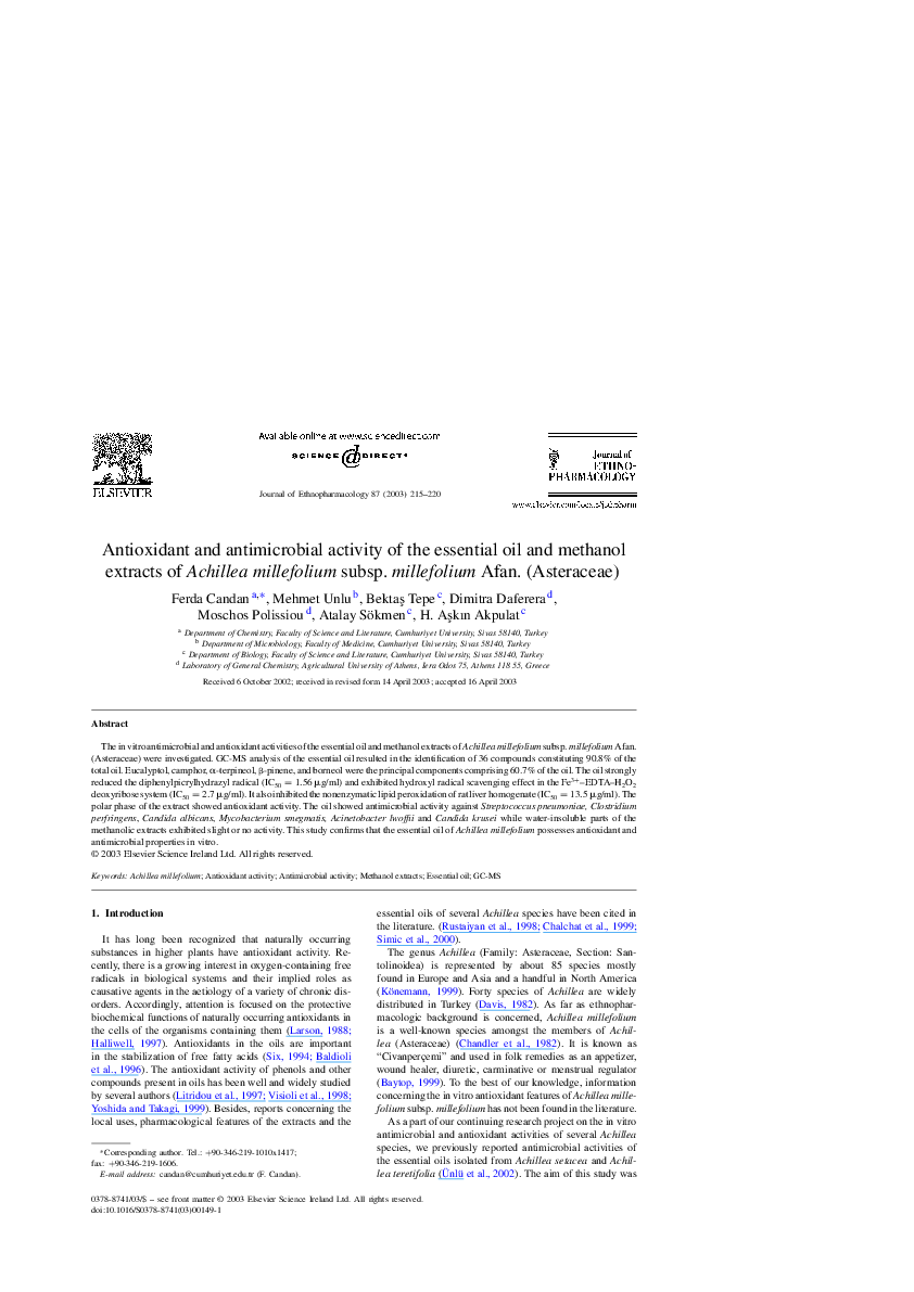 Pdf Antioxidant And Antimicrobial Activity Of The Essential Oil And