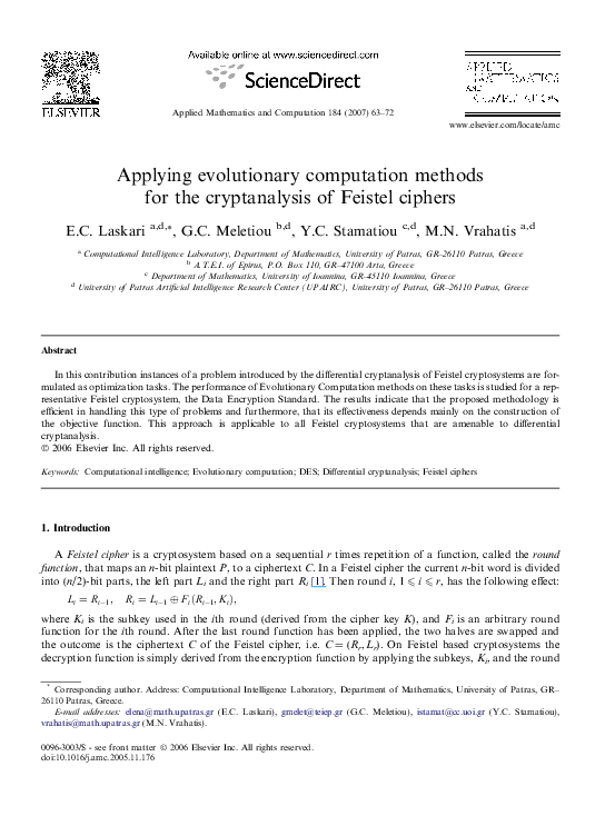 Pdf Applying Evolutionary Computation Methods For The Cryptanalysis Of Feistel Ciphers